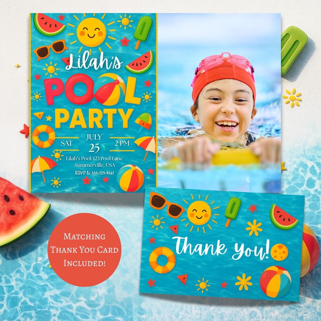 Pool Party Birthday Invitation With Photo | Summer Pool Theme Kids ...