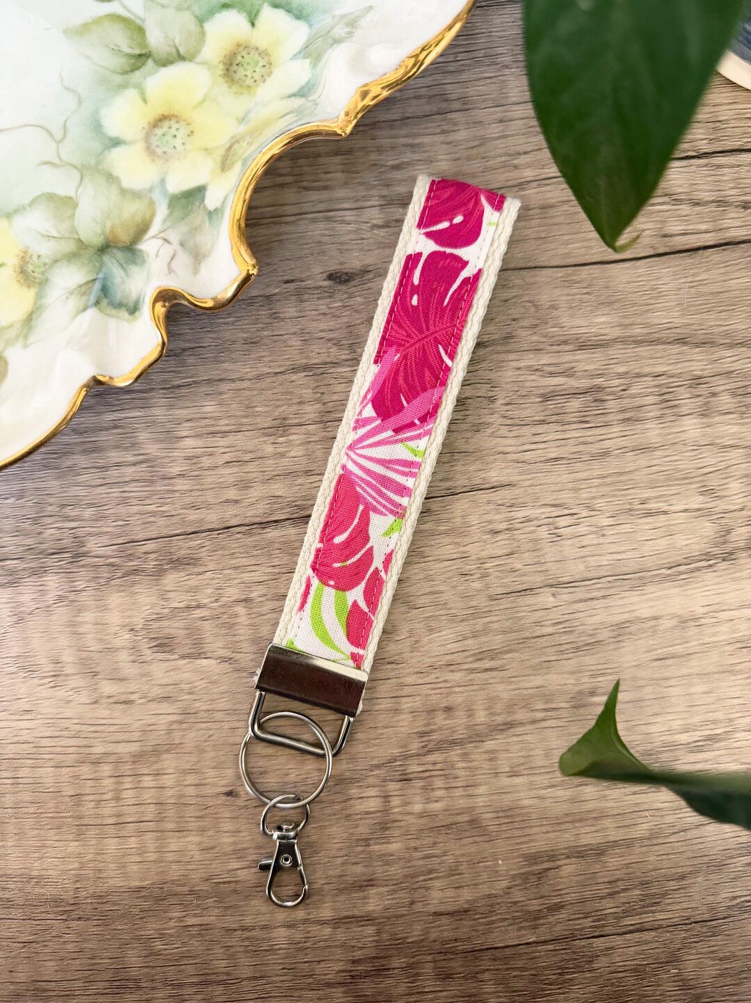 Pink Tropical Leaves Floral Keyfob Wristlet Keychain – Cute, Durable ...