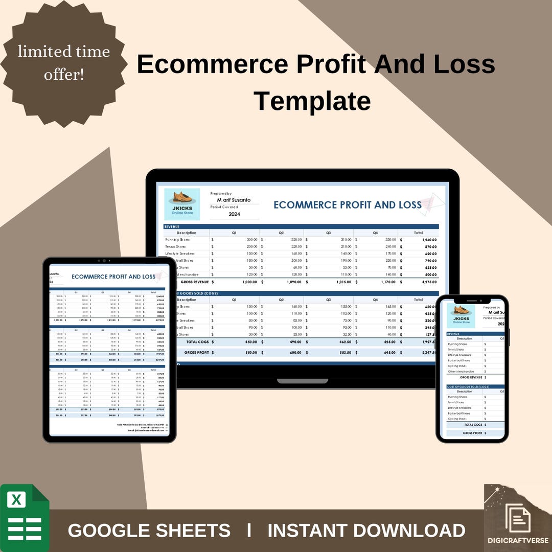 Ecommerce Profit and Loss Template for Google Sheets, Small Business ...