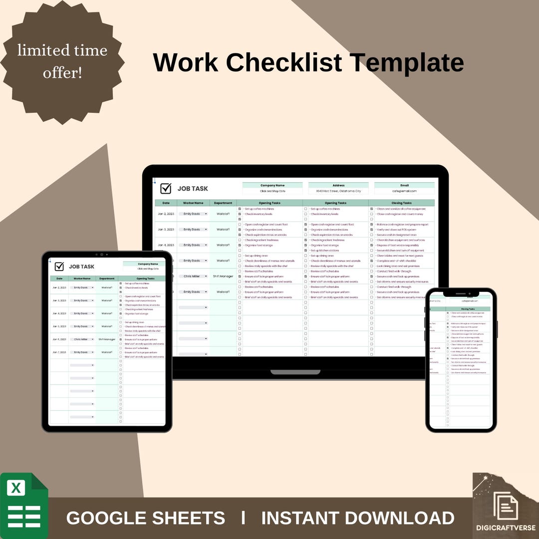 Work Checklist Template: Google Sheets & Excel Daily Task Tracker ...