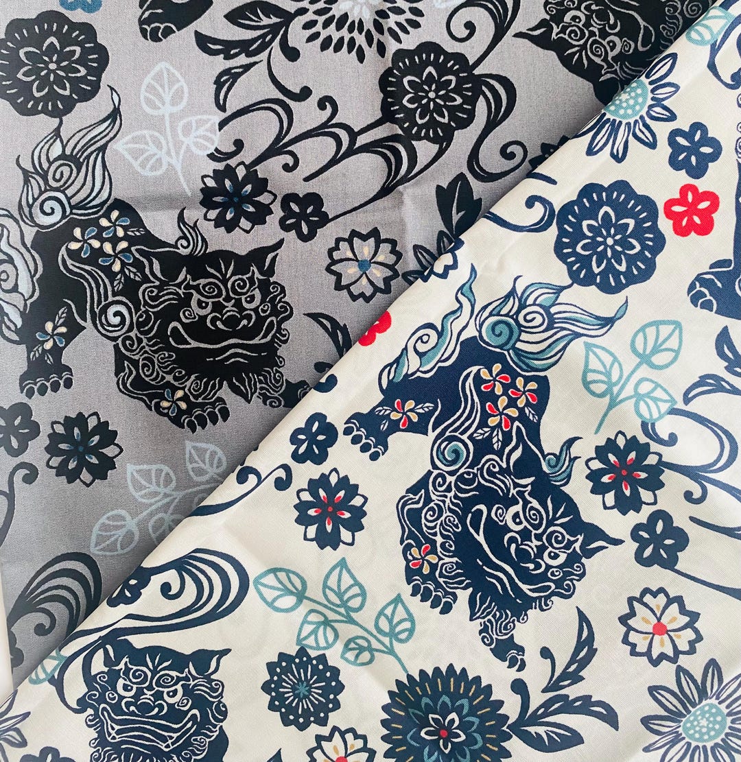 Gray and White Okinawa Shisa Dogs Fabric for Okinawa and Ryukyu Island ...