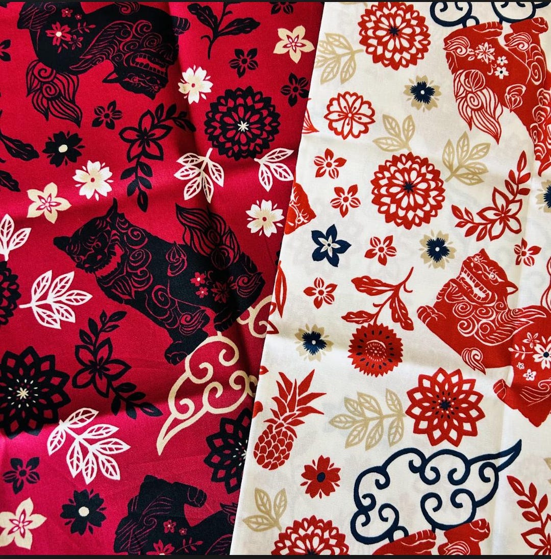 Red and White Okinawa Shisa Dogs Fabric for Okinawa and Ryukyu Island ...