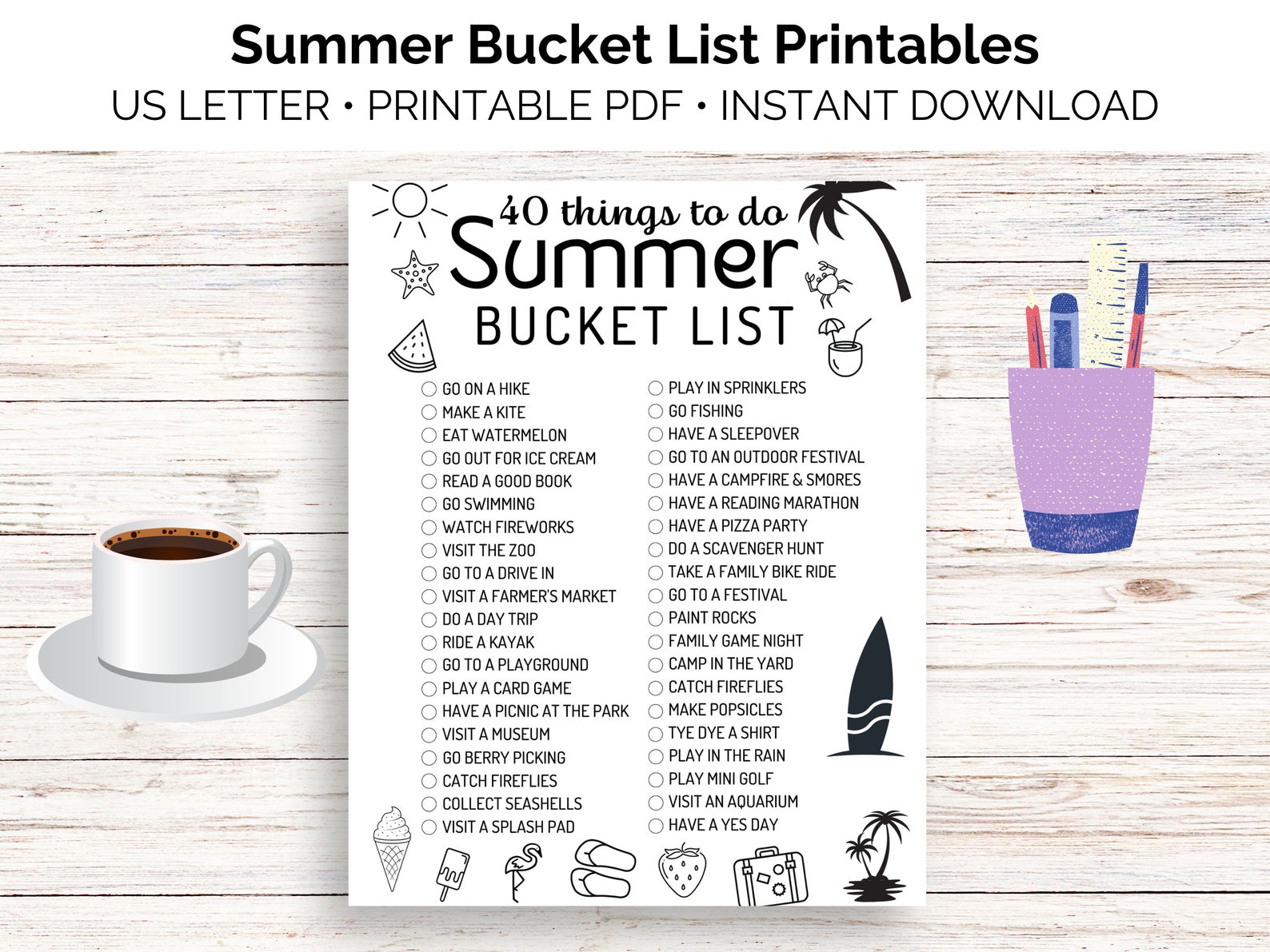 Summer Bucket List Printable, Blank Bucket List, Summer Fun Ideas ...