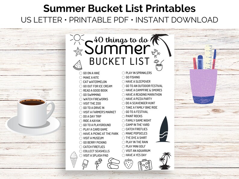 Summer Bucket List Printable, Blank Bucket List, Summer Fun Ideas ...