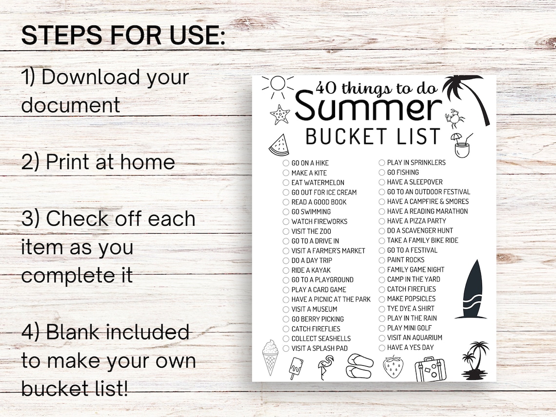 Summer Bucket List Printable, Blank Bucket List, Summer Fun Ideas ...