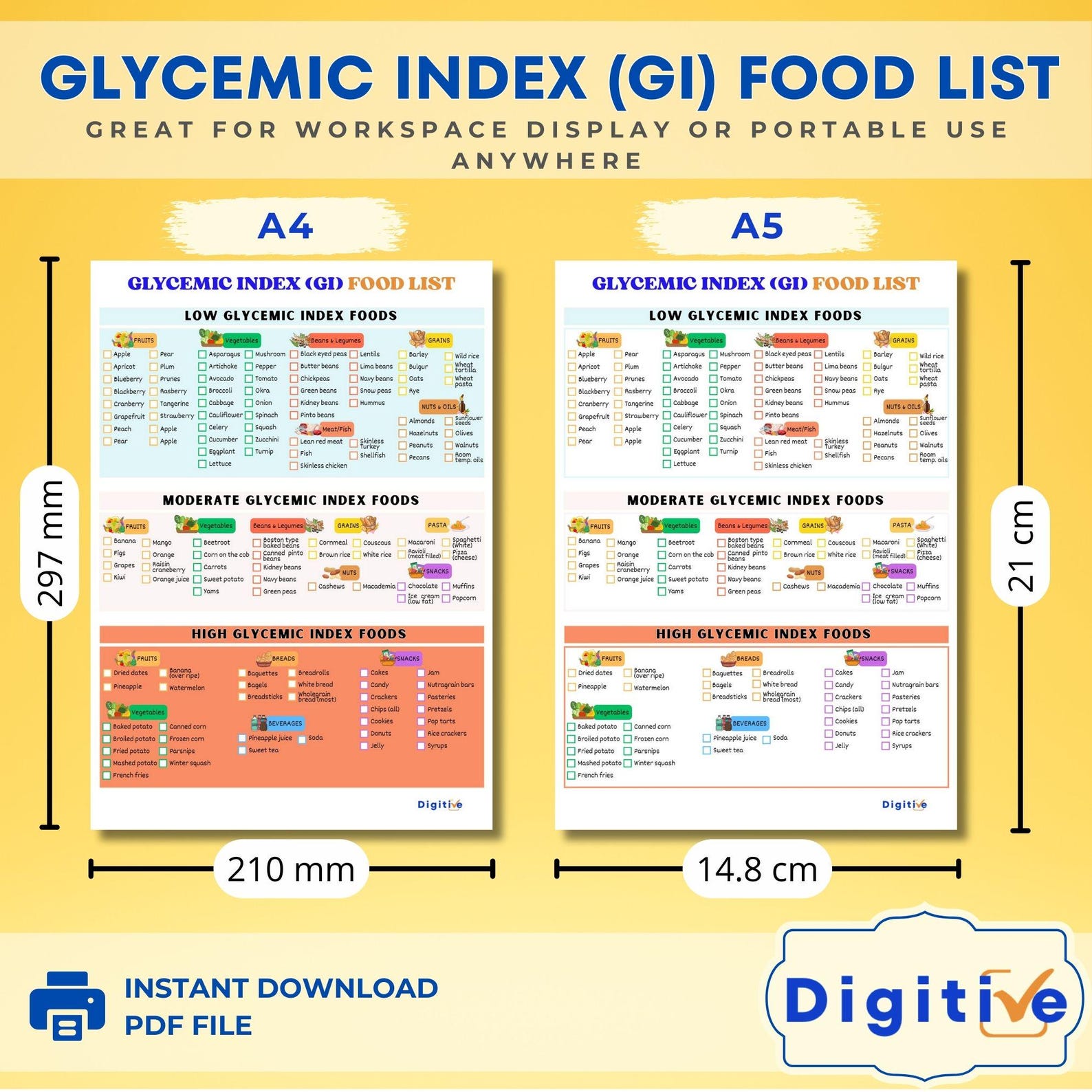 Low GI Diet Food List Printable: Glycemic Index Chart (PDF Download) - Etsy