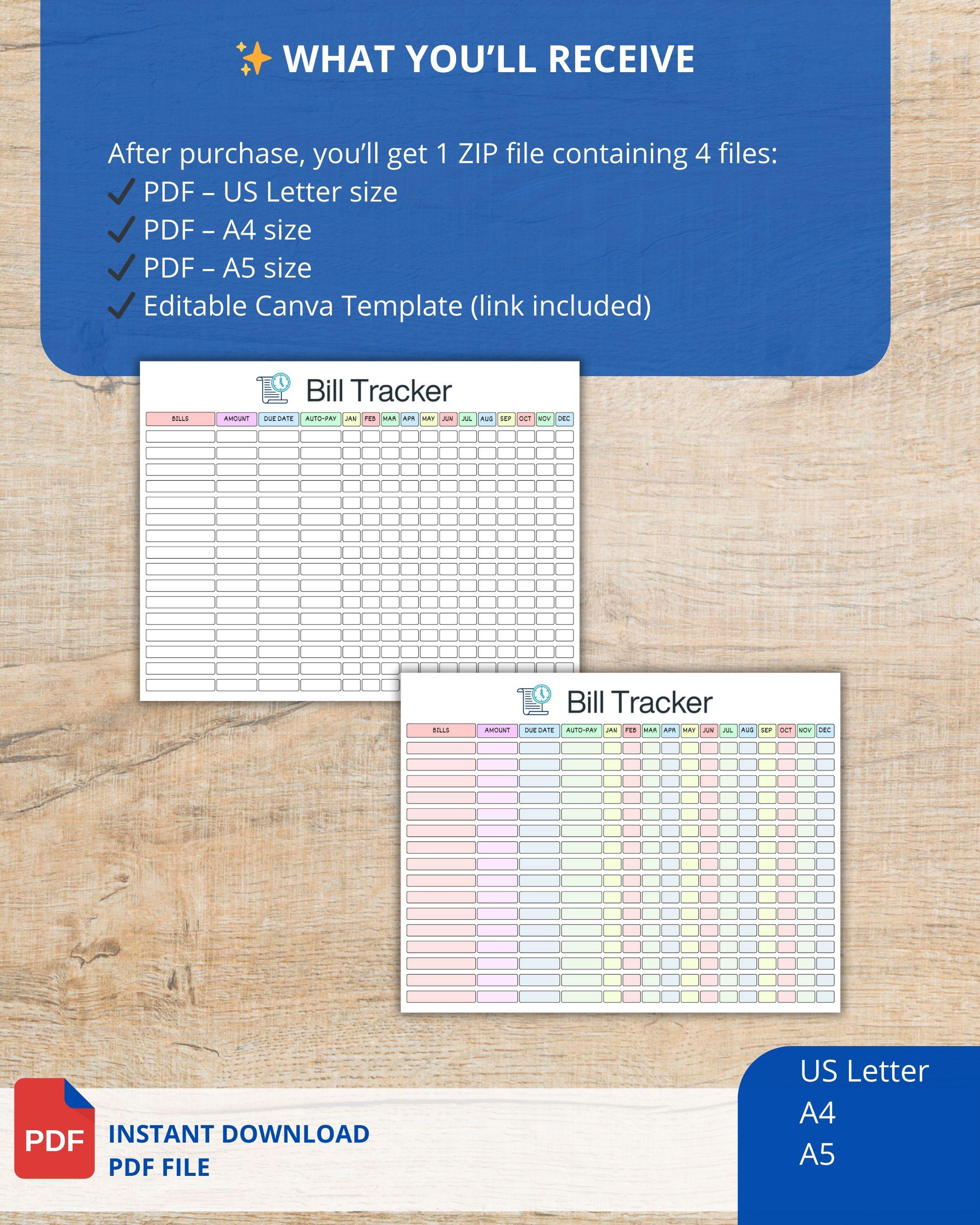 Editable Yearly Bill Payment Tracker Printable, Monthly Bills PDF ...