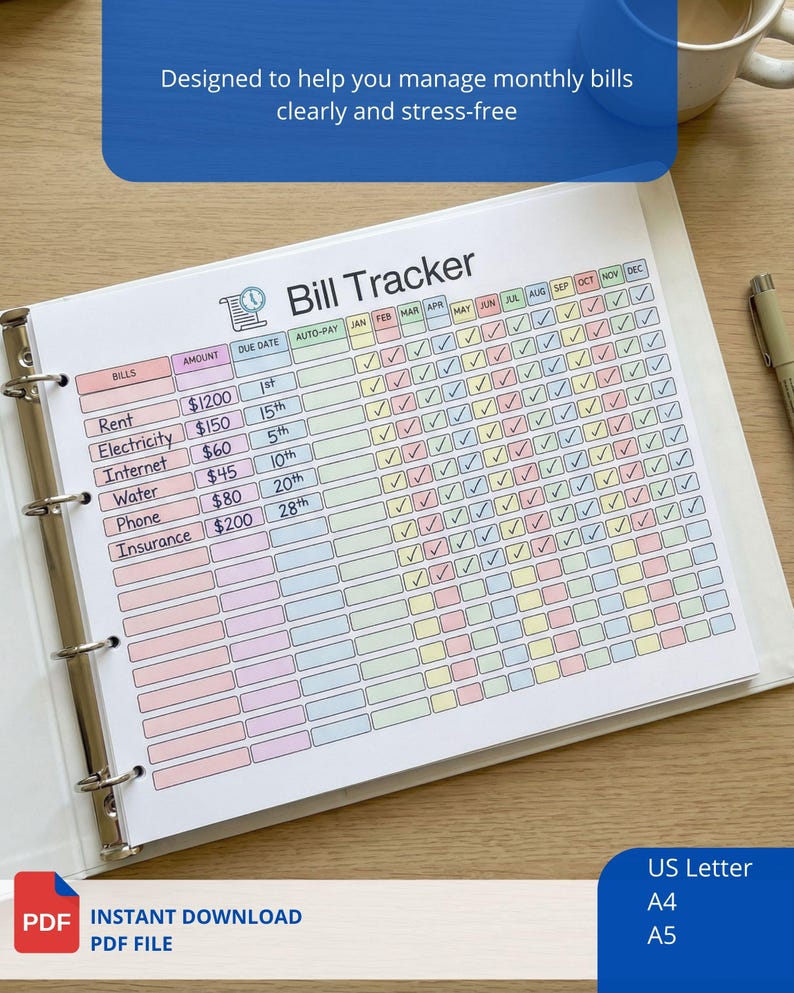 Editable Yearly Bill Payment Tracker Printable, Monthly Bills PDF ...