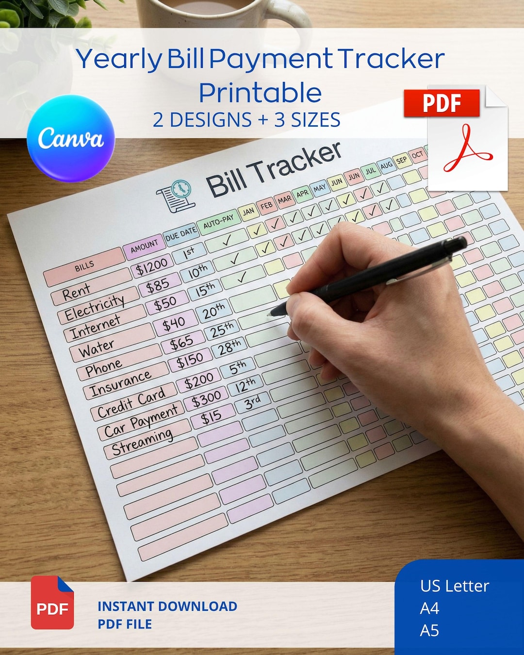 Editable Yearly Bill Payment Tracker Printable, Monthly Bills PDF ...