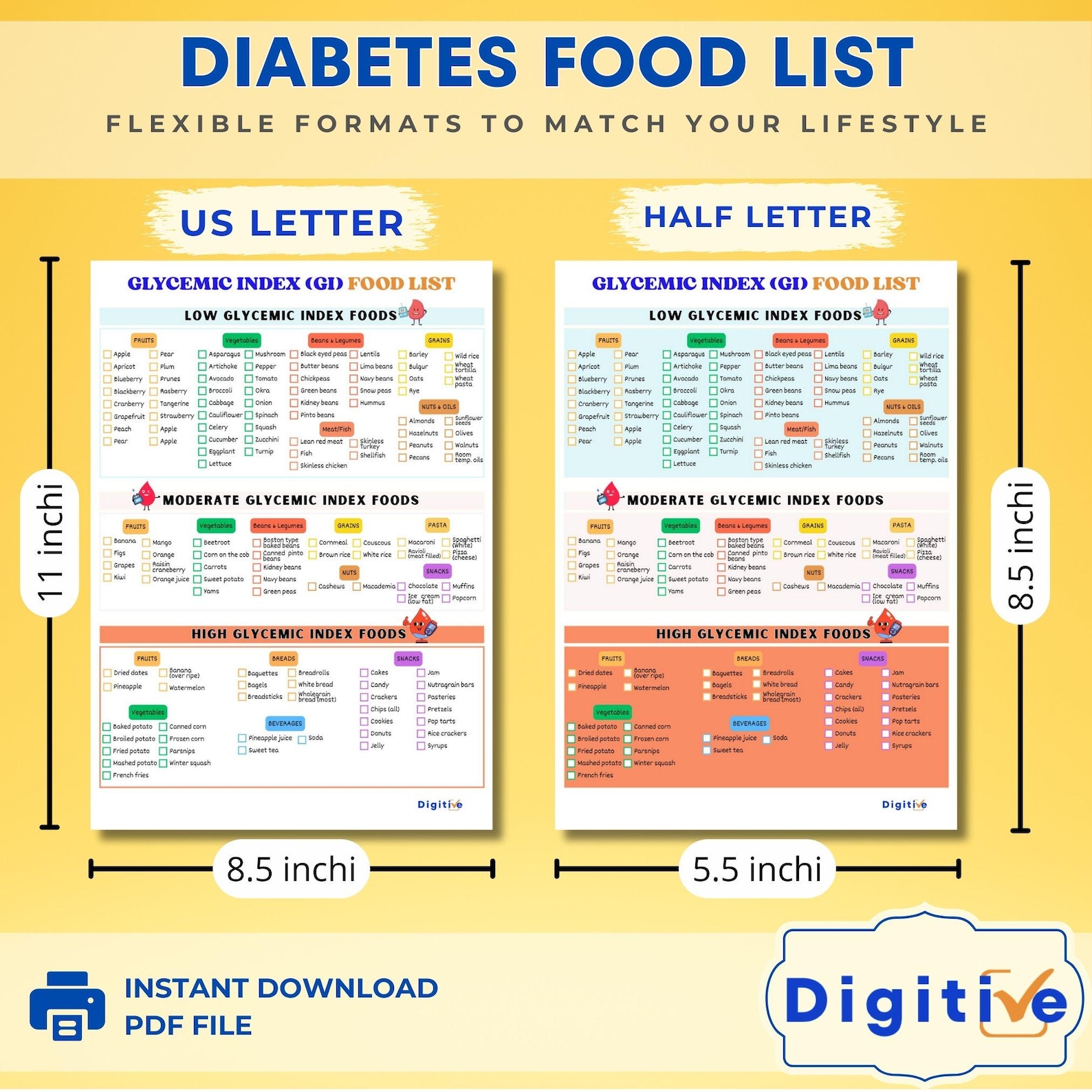 Low GI Diet Food List Printable: Glycemic Index Chart (PDF Download) - Etsy