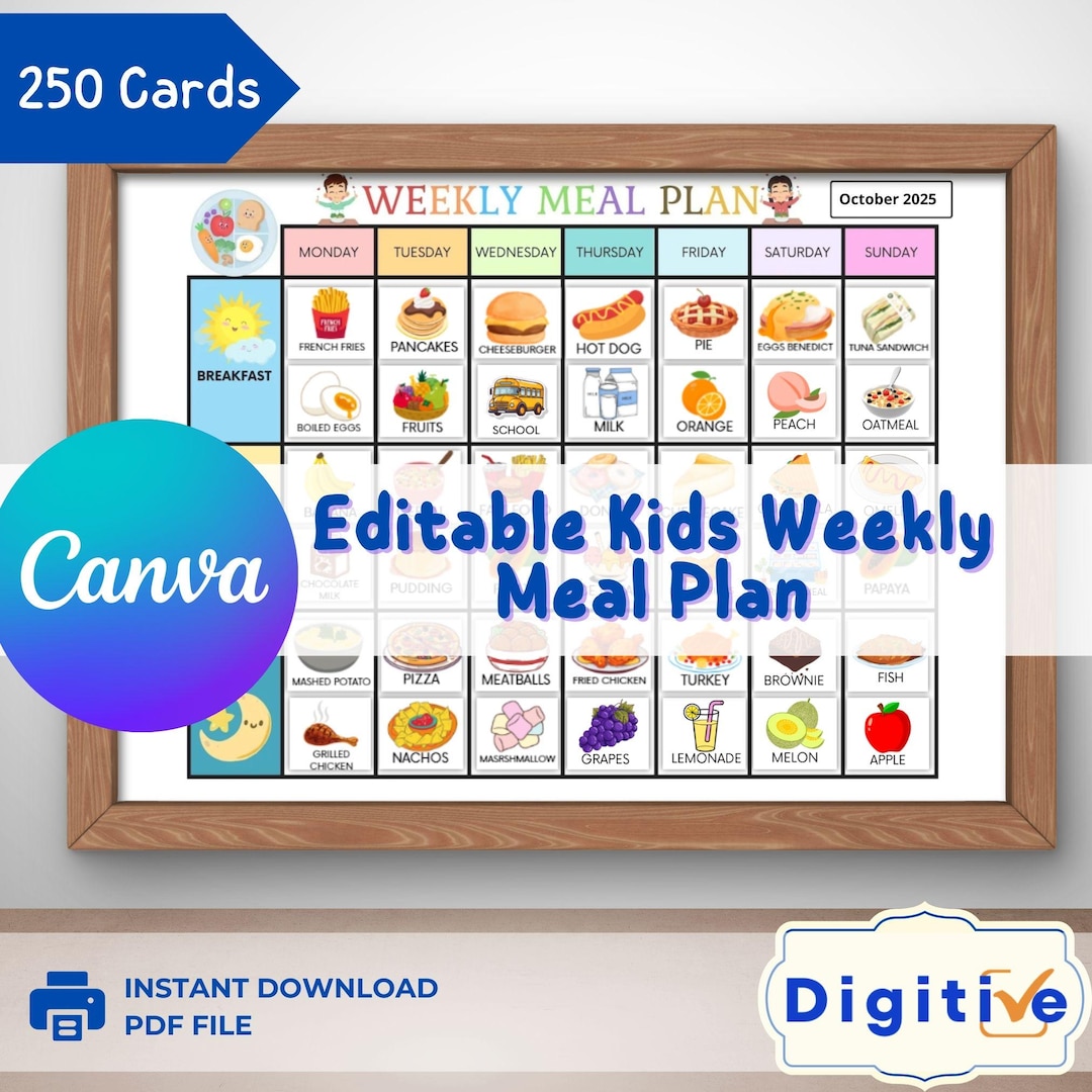 Editable Kids Weekly Meal Planner: Colorful Menu Template (digital ...