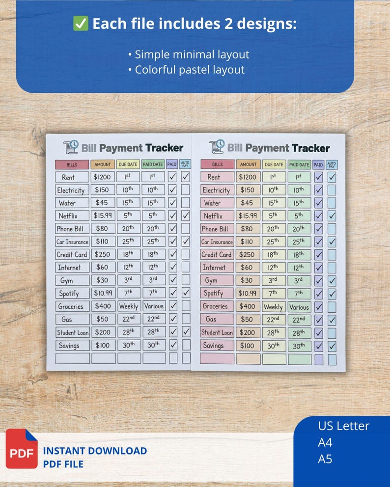 Editable Bill Payment Tracker Printable Monthly Expense Log A4 A5 ...