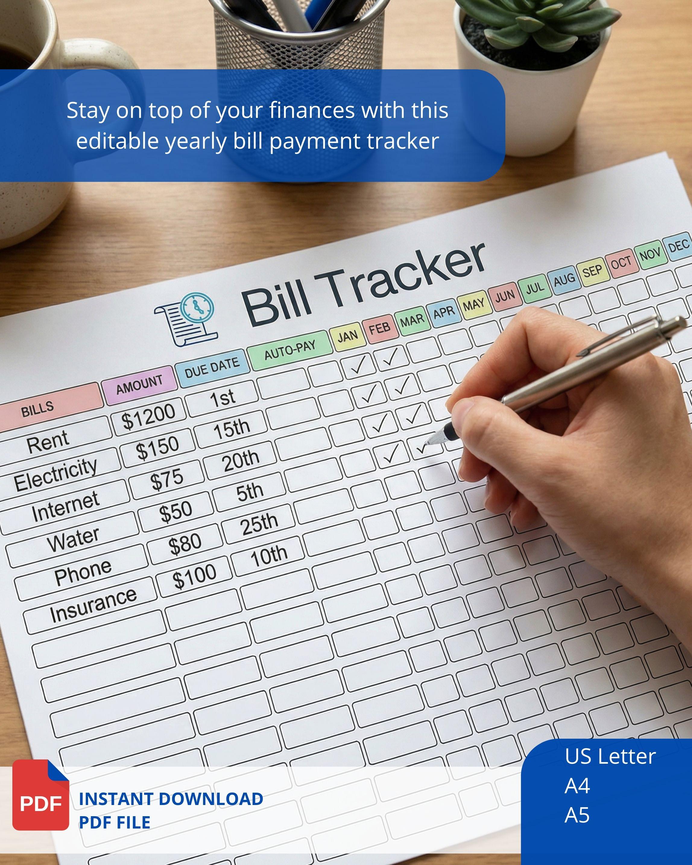 Editable Yearly Bill Payment Tracker Printable, Monthly Bills PDF ...