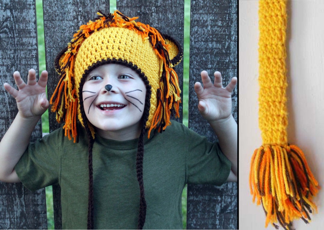 Kids or Adult Lion Halloween Costume - Crochet Earflap Hat and Tail Set ...