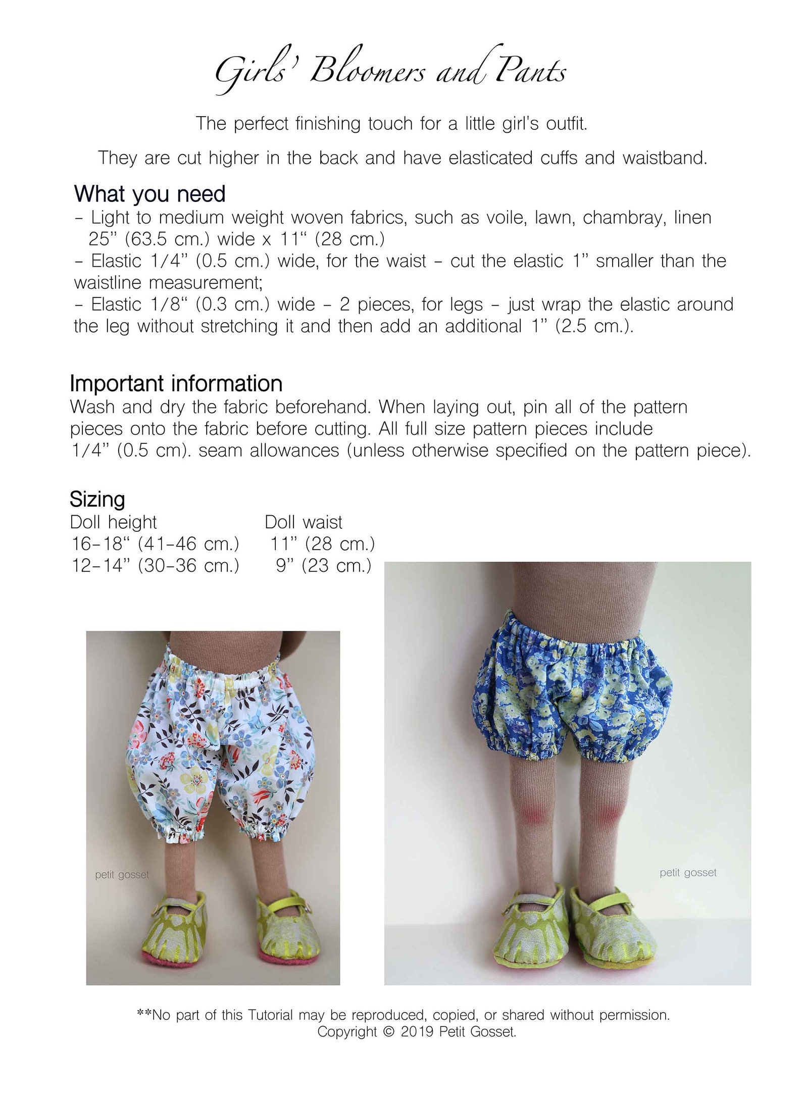 Doll Bloomers Sewing Pattern: Summer Pants, 12-18