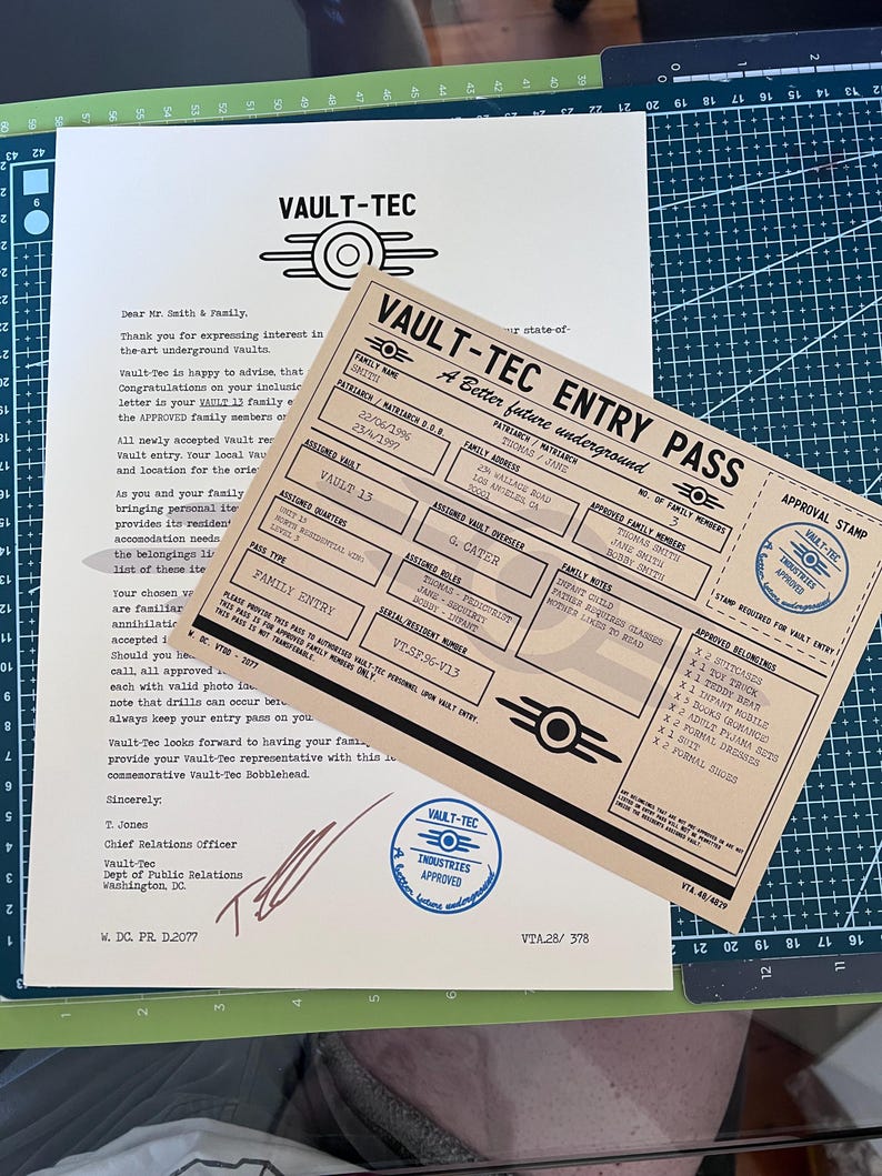 Customisable Vault-tec Letters + Passes - Single OR Family Packs - Etsy