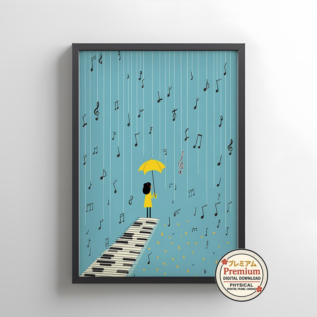 Music Note Rain Poster, Little Girl With Piano Umbrella, Digital ...