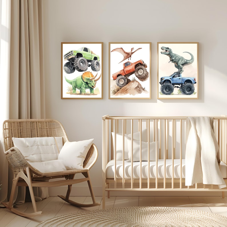 Set 3 Posters Dinosaur Monster Truck Adventure - Watercolor T-rex ...