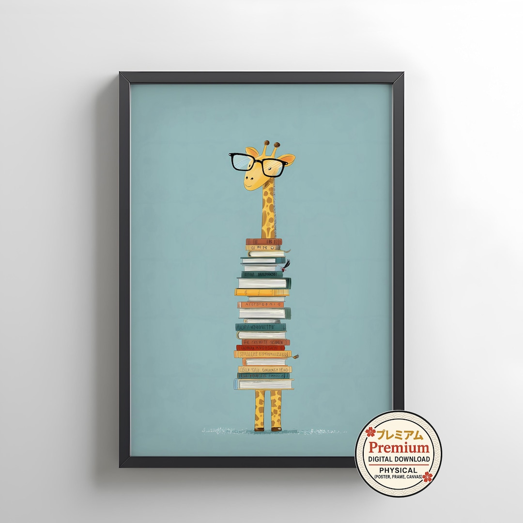 Giraffe Book Stack Nursery Art Print, Kids Reading Poster (digital ...