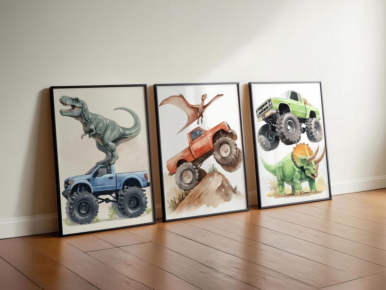 Set 3 Posters Dinosaur Monster Truck Adventure - Watercolor T-rex ...