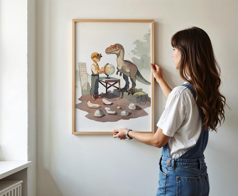 Explorer Kid and Velociraptor Poster, Museum Dinosaur Art Print ...