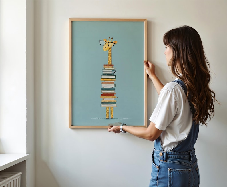 Giraffe Book Stack Poster, Kids Reading Wall Art, Nursery Printable ...