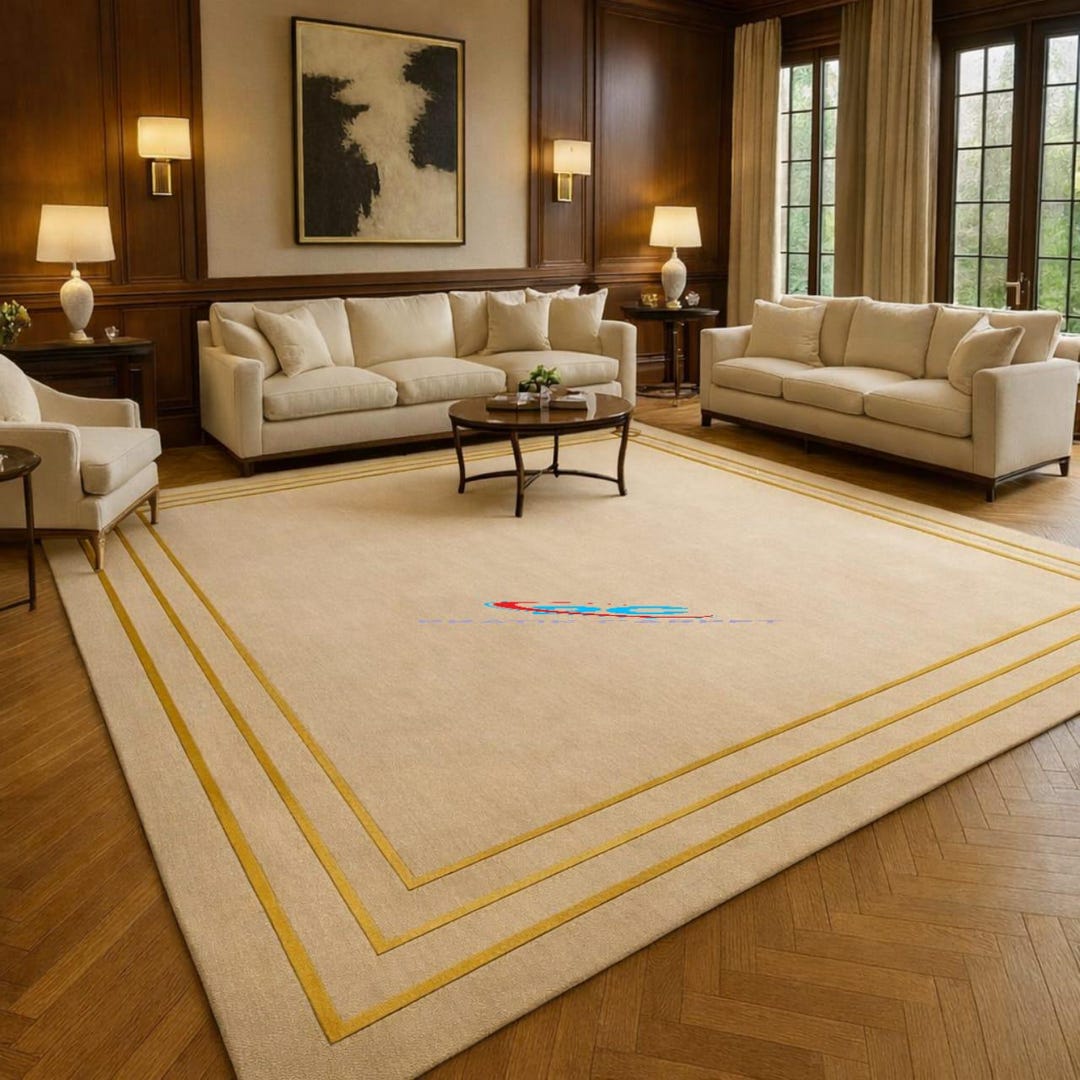 Cream Border Area Rug, Luxury Handmade Wool Rug, Minimalist Living Room ...