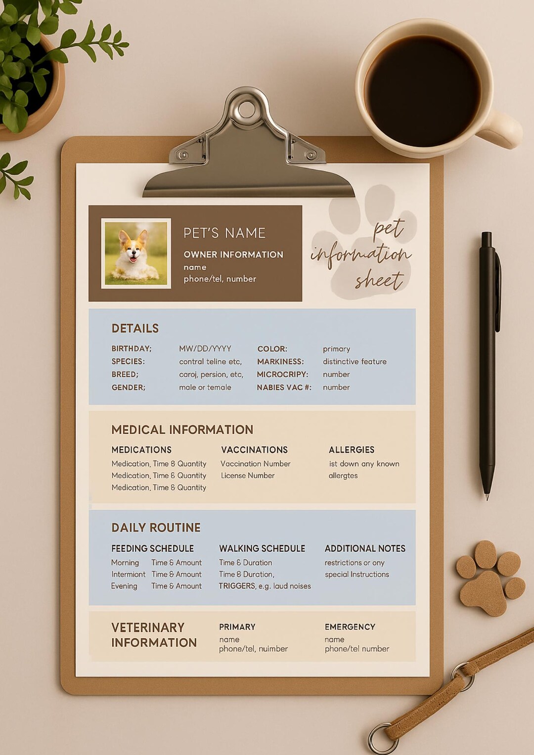 Printable Pet Information Sheet - Etsy Australia