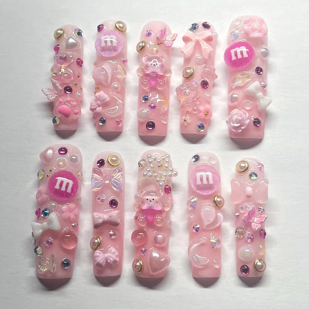 FREESTYLE 3D Kawaii Pink Candy Custom Press on Nails | Harajuku Decoden ...