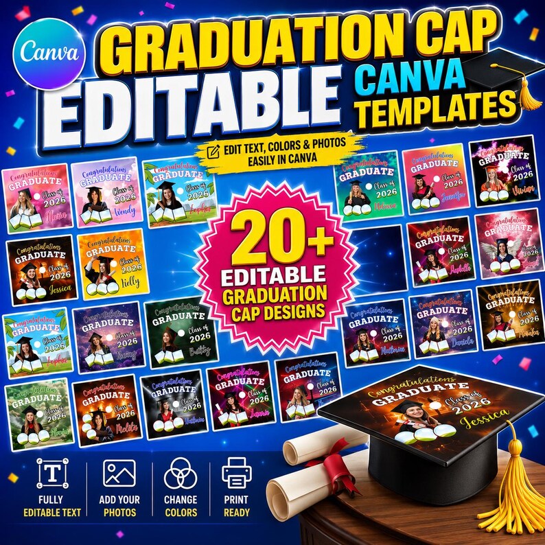 Editable Graduation Cap Topper Template Canva | Class of 2026 Grad Cap ...