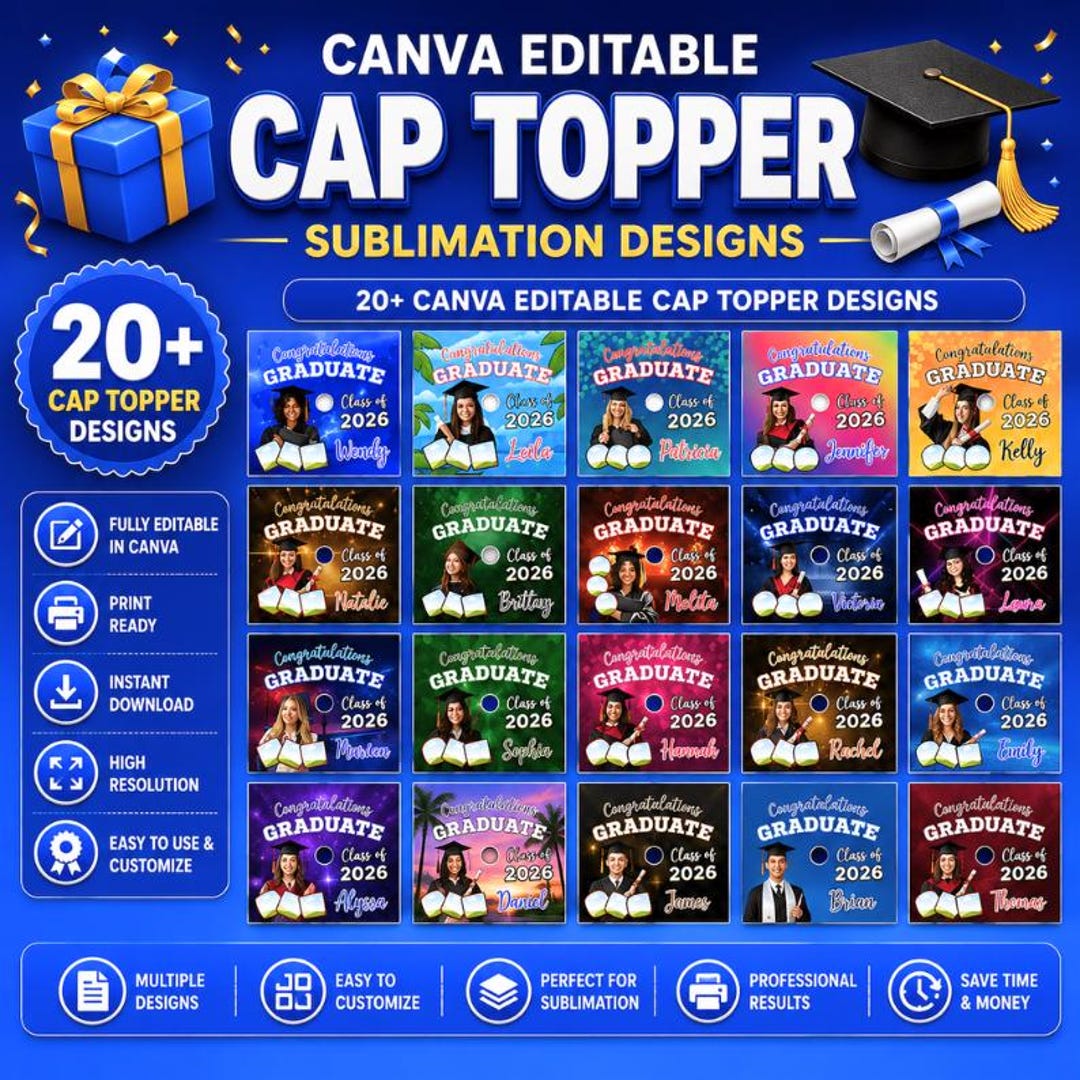 Editable Graduation Cap Topper Template Canva | Class of 2026 Grad Cap ...