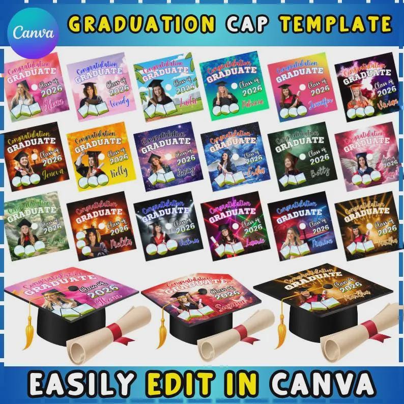 Editable Graduation Cap Topper Template Canva | Class of 2026 Grad Cap ...