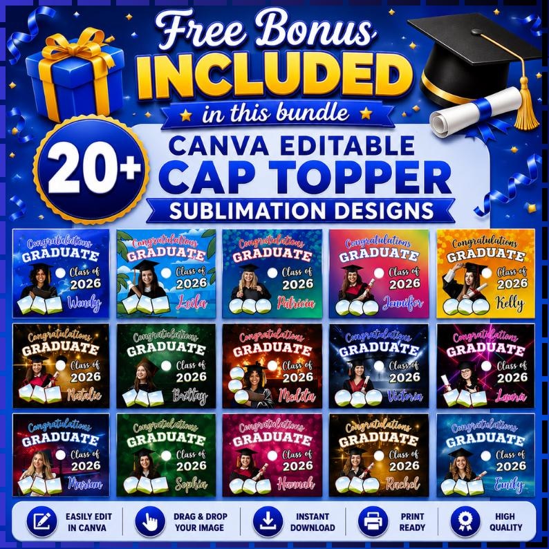 Editable Graduation Cap Topper Template Canva | Class of 2026 Grad Cap ...