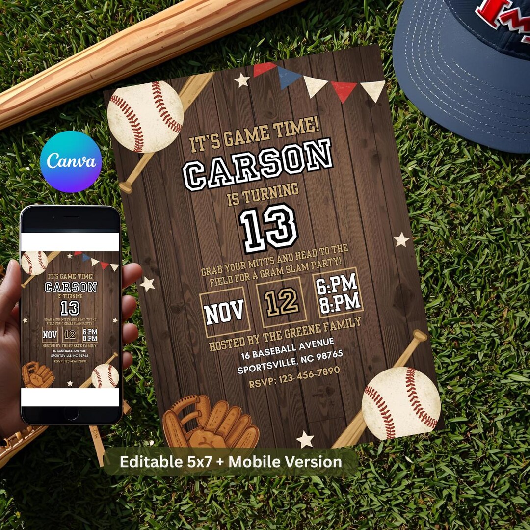 Baseball Birthday Invitation | Batter up Party | Editable Canva ...