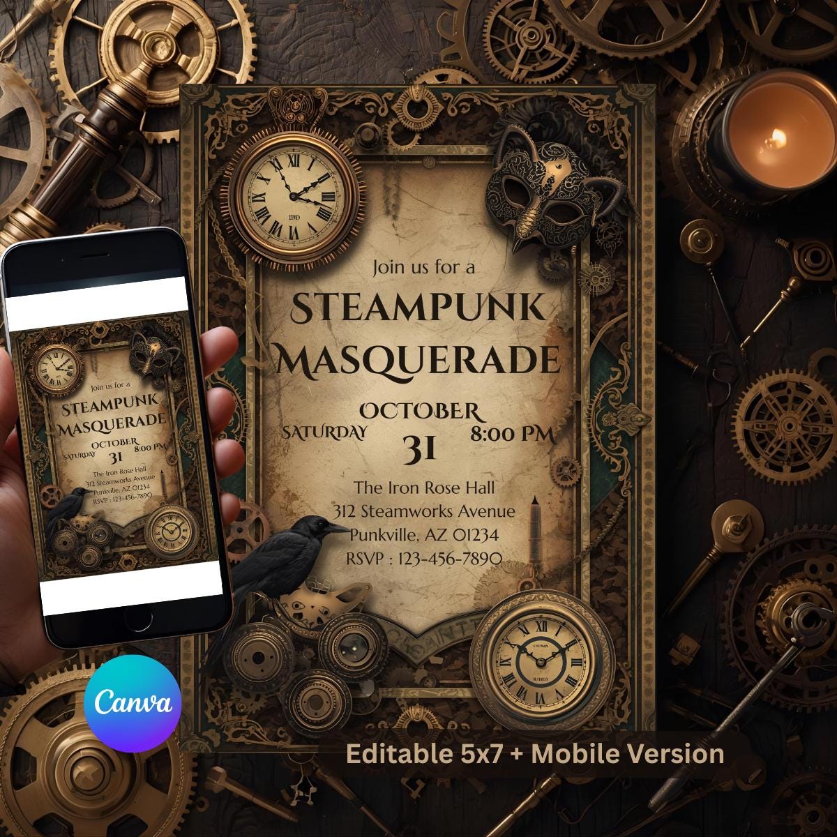 Steampunk Masquerade Halloween Invitation | Victorian Costume Party ...