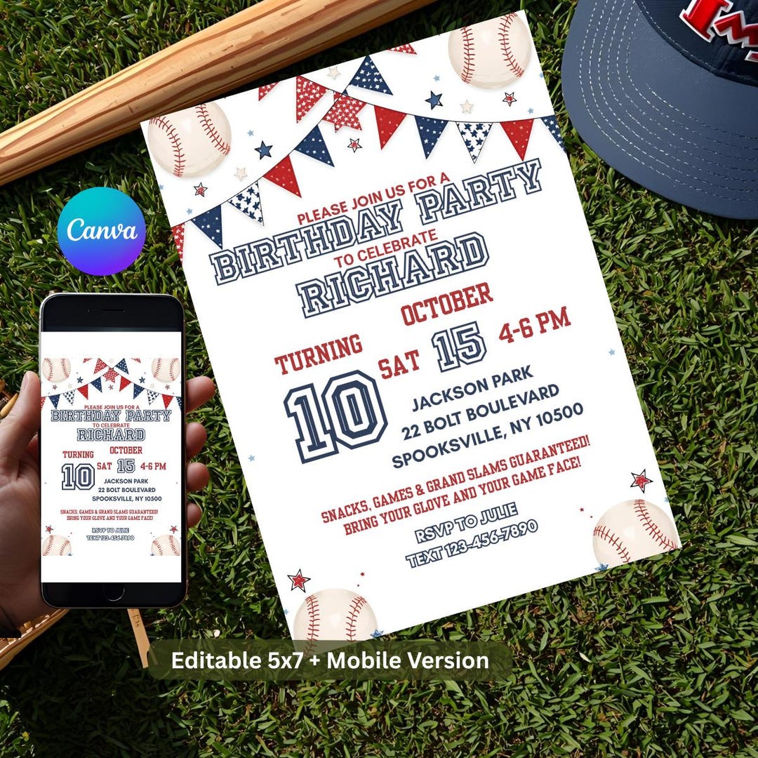 Baseball Birthday Invitation | Batter up Party | Editable Canva ...