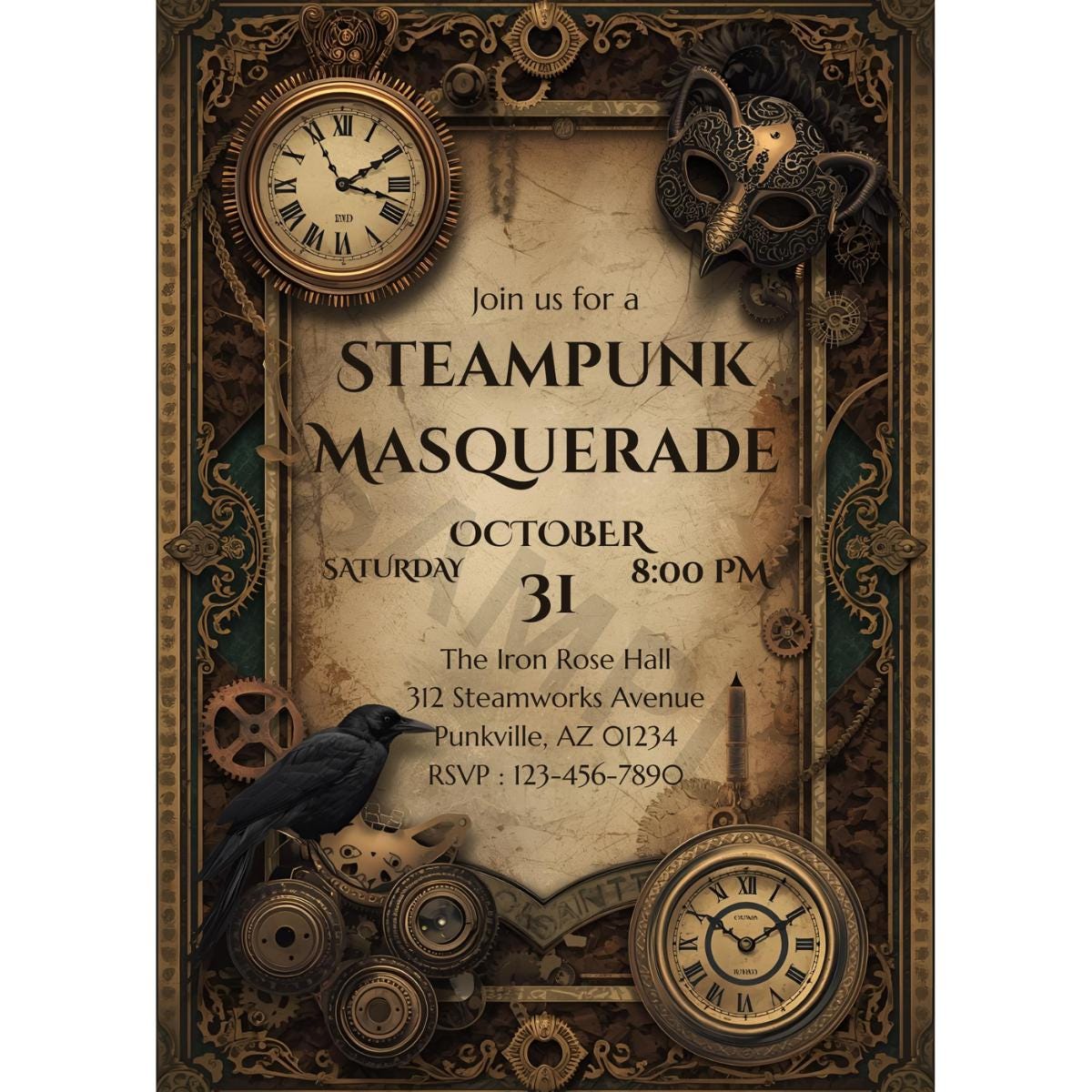 Steampunk Masquerade Halloween Invitation | Victorian Costume Party ...