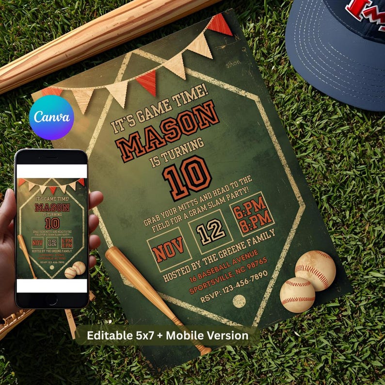 Baseball Birthday Invitation | Batter up Party | Editable Canva ...