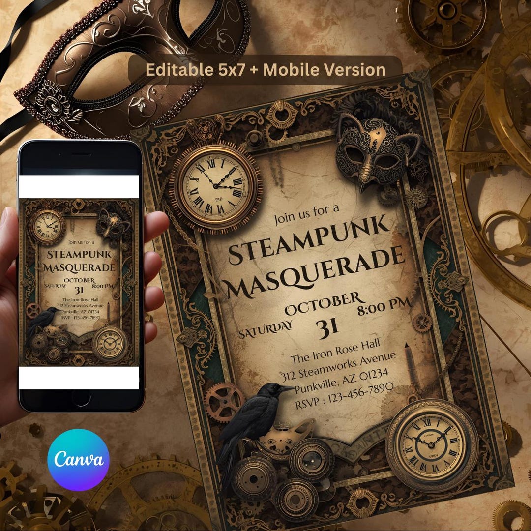 Steampunk Masquerade Halloween Invitation | Victorian Costume Party ...