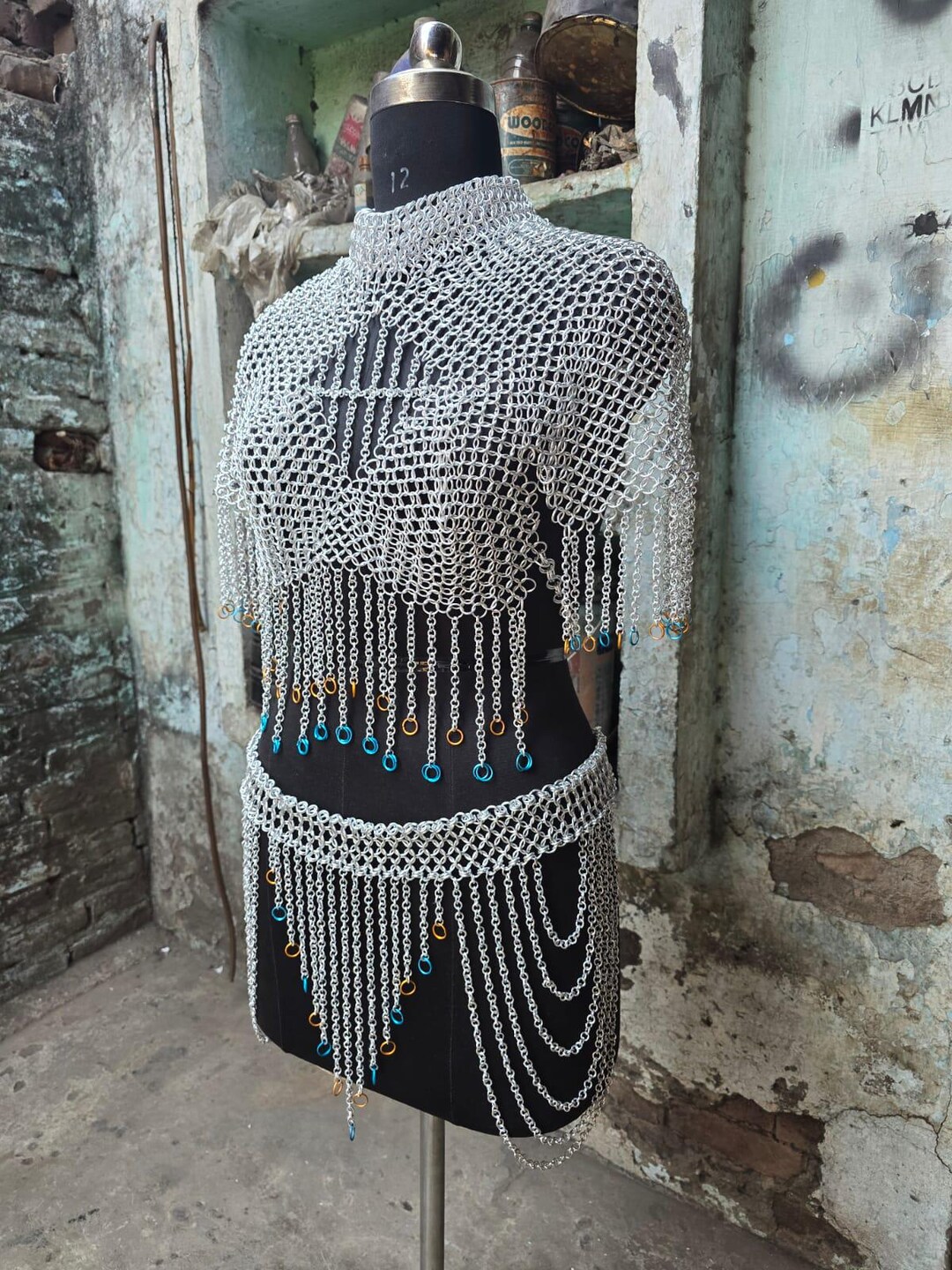 Handmade Medieval Chainmail Dress – Silver Mesh With Gold & Blue ...