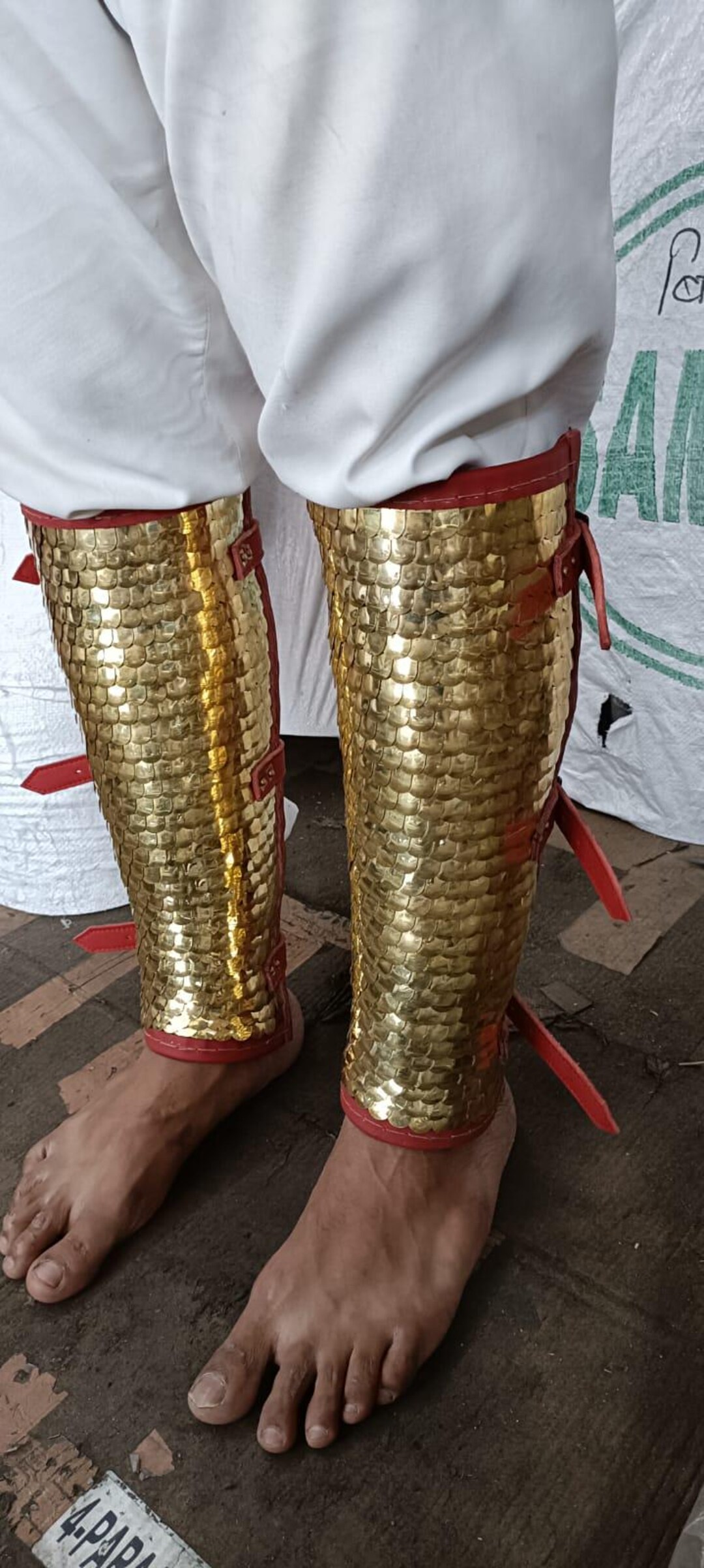 Medieval Scale Armor Greaves – Golden Leg Guards With Red Straps ...