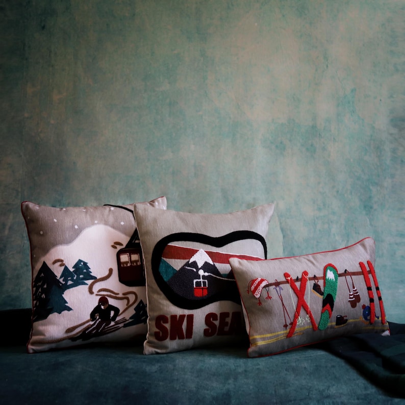 Winter Ski Gear Pillow Cover 12x20 Inch | Appliqué Ski Equipment ...