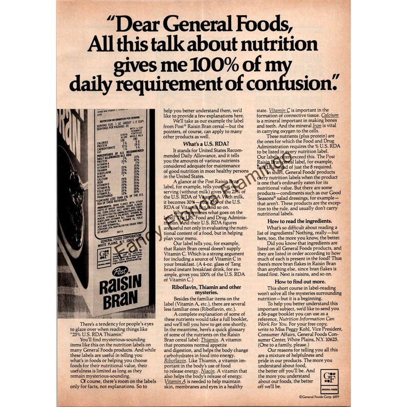 Vintage 1977 Post Raisin Bran Print Ad — General Foods Nutrition Label ...