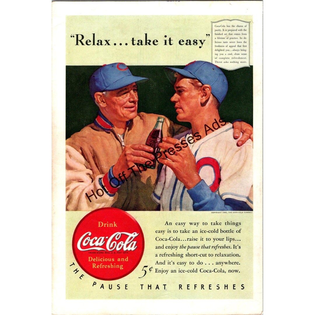 Vintage 1940 Coca-cola Baseball Advertisement – “relax… Take It Easy ...