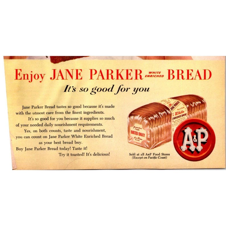 Vintage 1950s Jane Parker Bread Ad – Redhead Boy Eating Toast – A&P ...