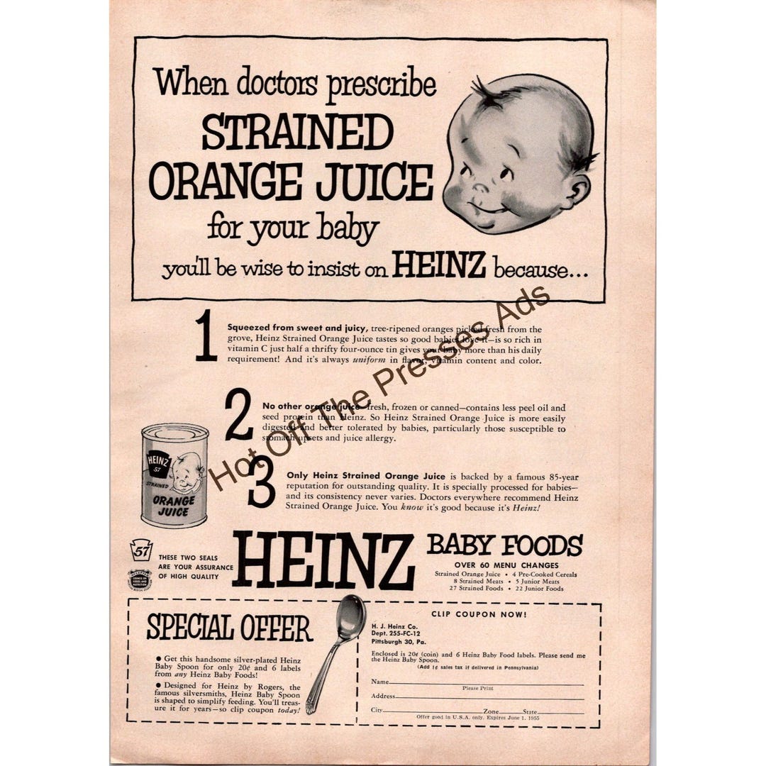 1954 Heinz Baby Foods Vintage Print Ad — Strained Orange Juice, Retro ...