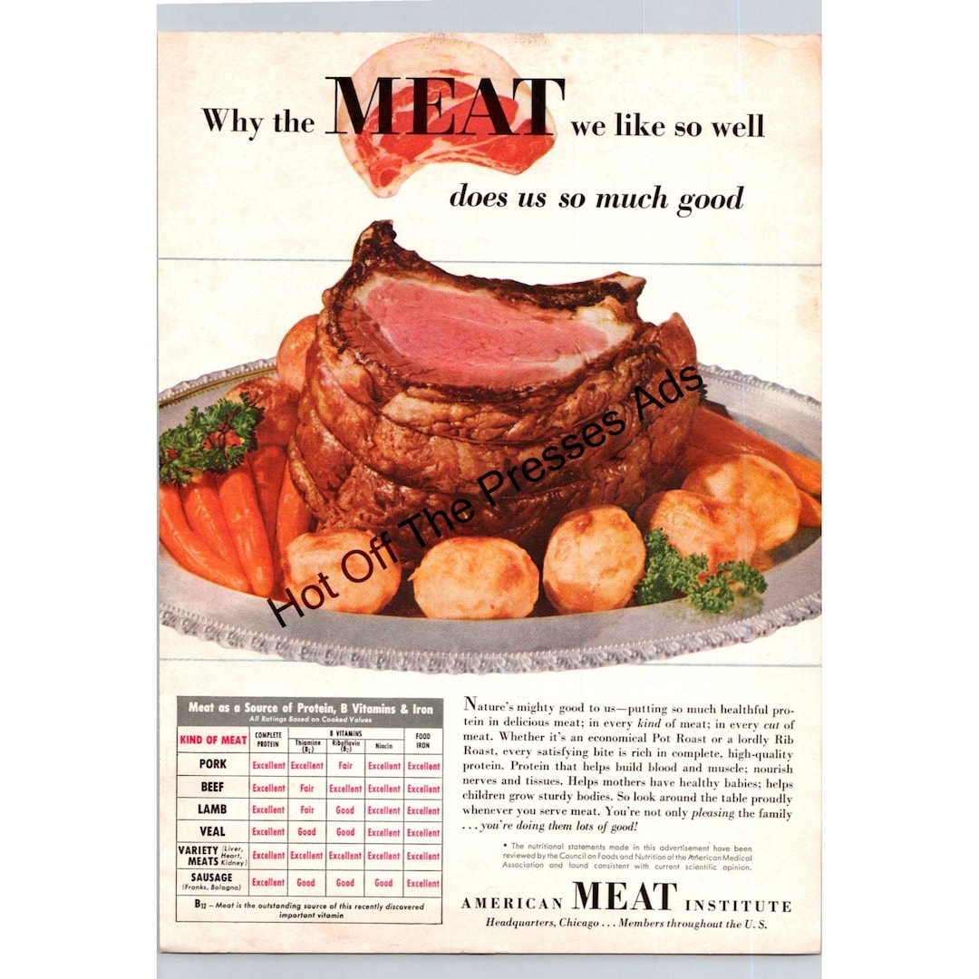 1950s American Meat Institute Ad – Rib Roast Dinner & Nutritional Chart ...