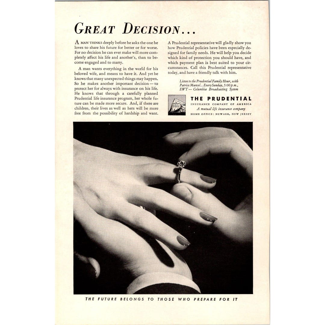 1940s Prudential Insurance Vintage Print Ad • Engagement & Marriage ...