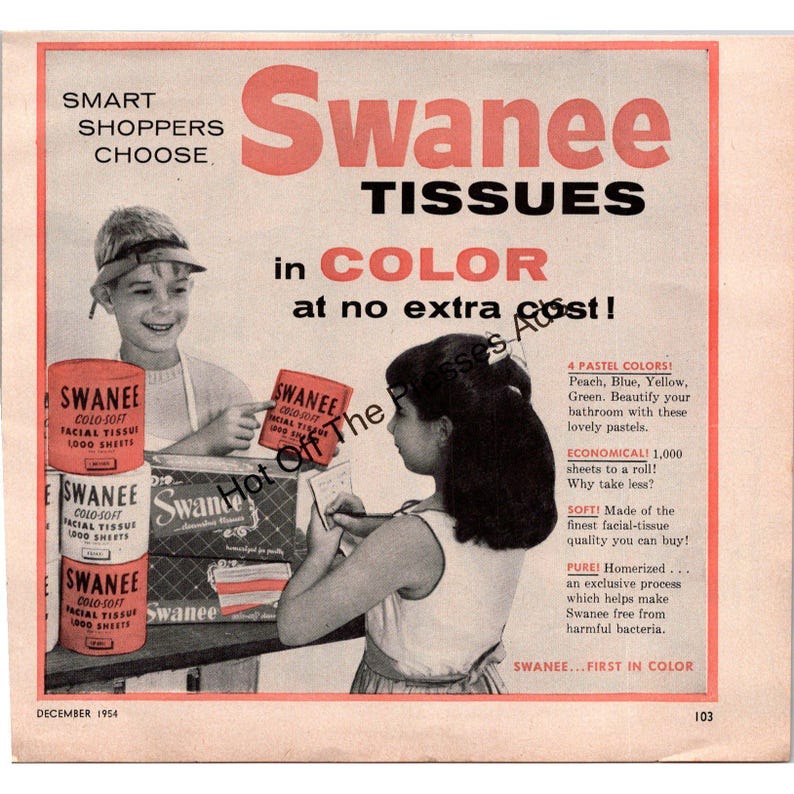 Vintage 1954 Swanee Tissues Print Ad — “smart Shoppers Choose Color ...