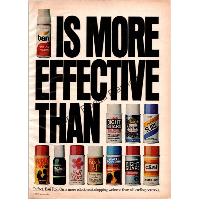 1977 Ban Roll-on Deodorant Ad — "is More Effective Than" Comparison ...